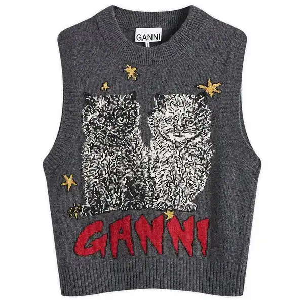 Ganni Graphic Wool-Blend Cats Vest In Gray Quill - 35% Off